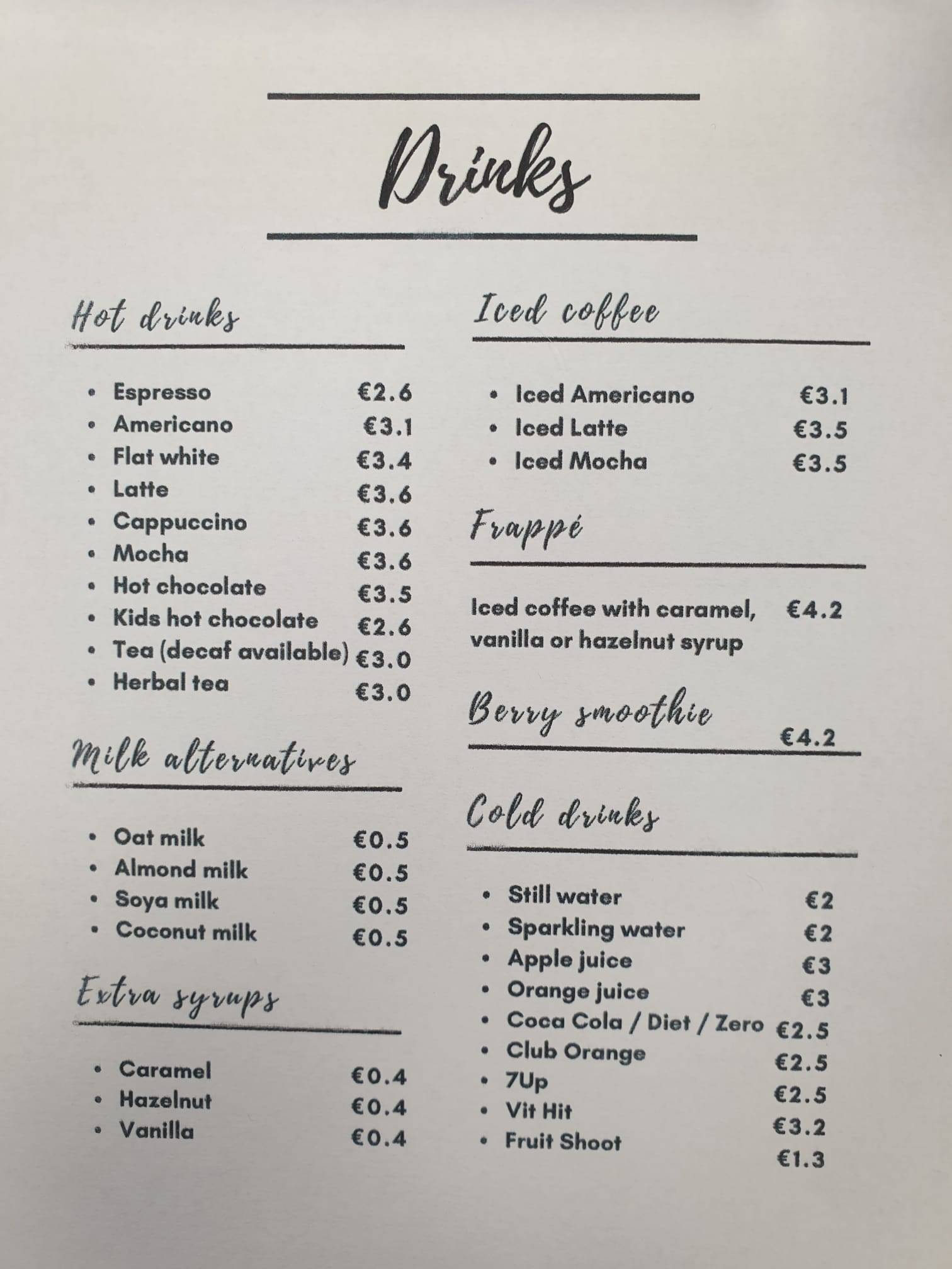 Menu at Green Corner Café cafeteria, Dublin
