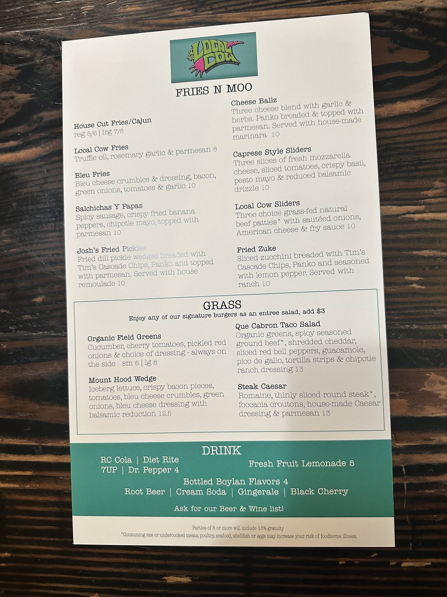 Menu at The Local Cow fast food, Gresham