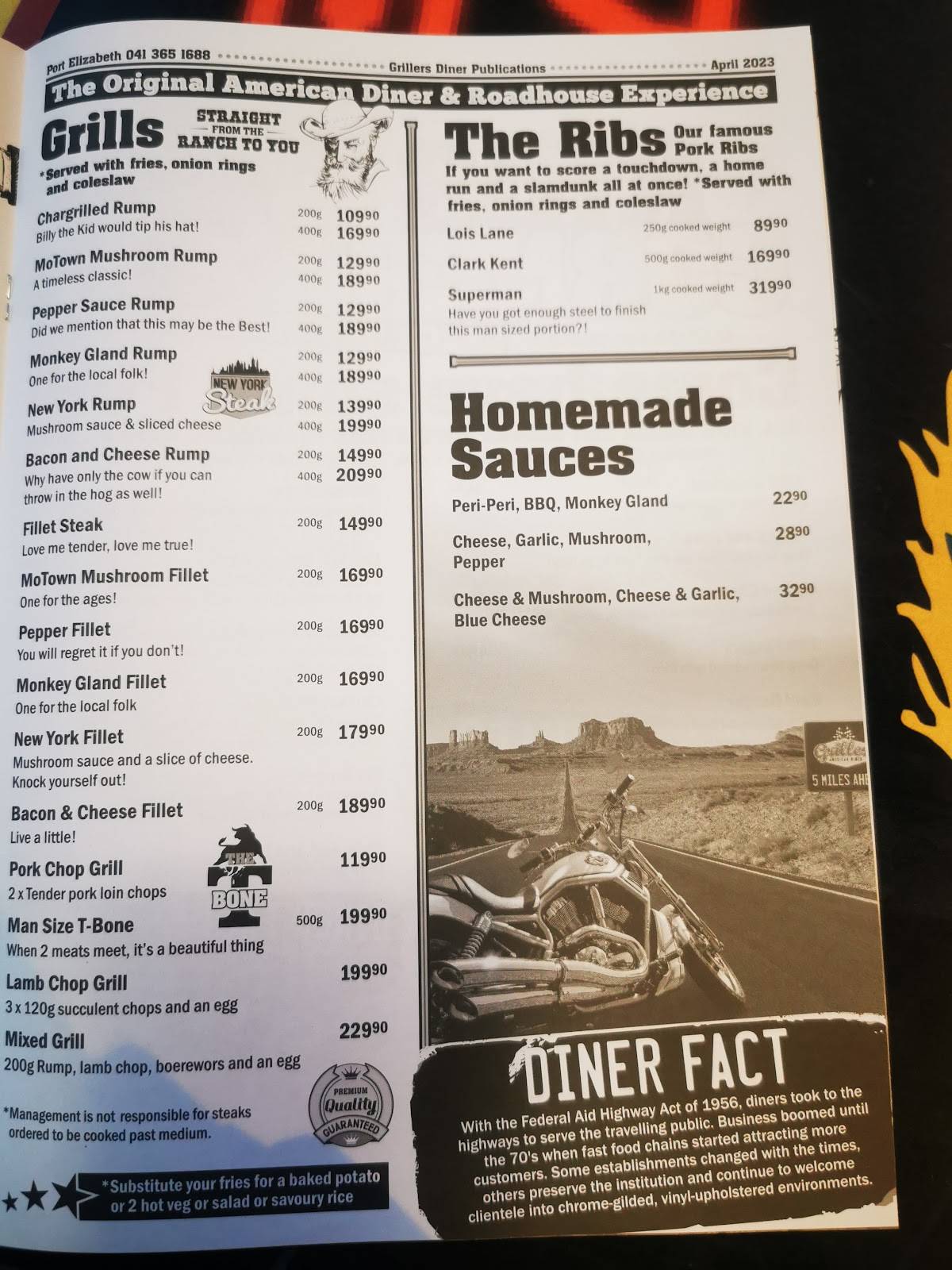 Menu at Grillers restaurant, Port Elizabeth