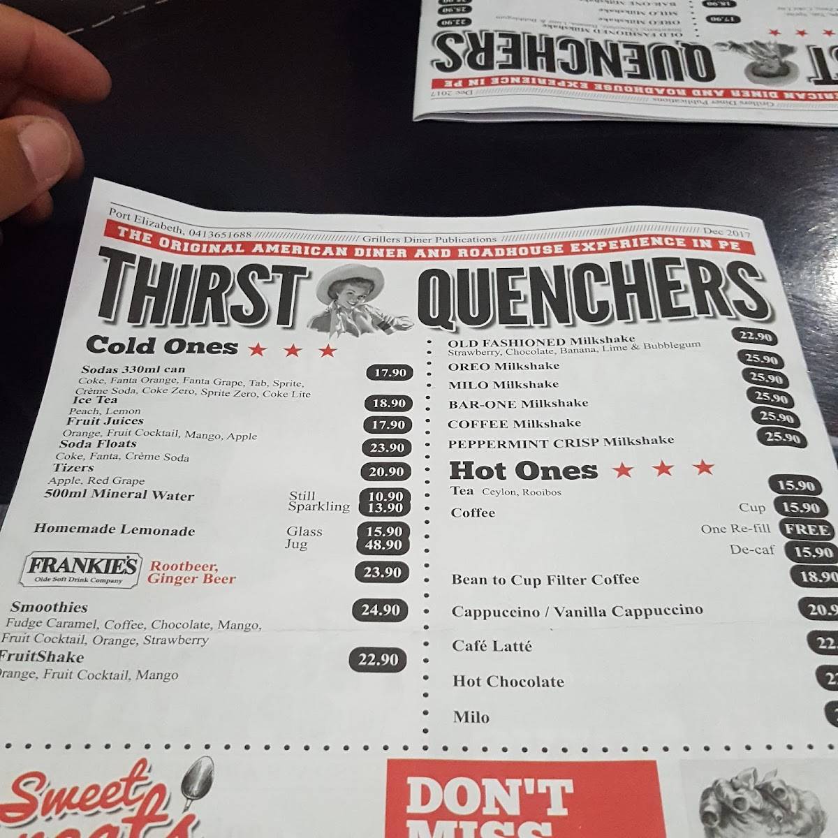 Menu at Grillers restaurant, Port Elizabeth