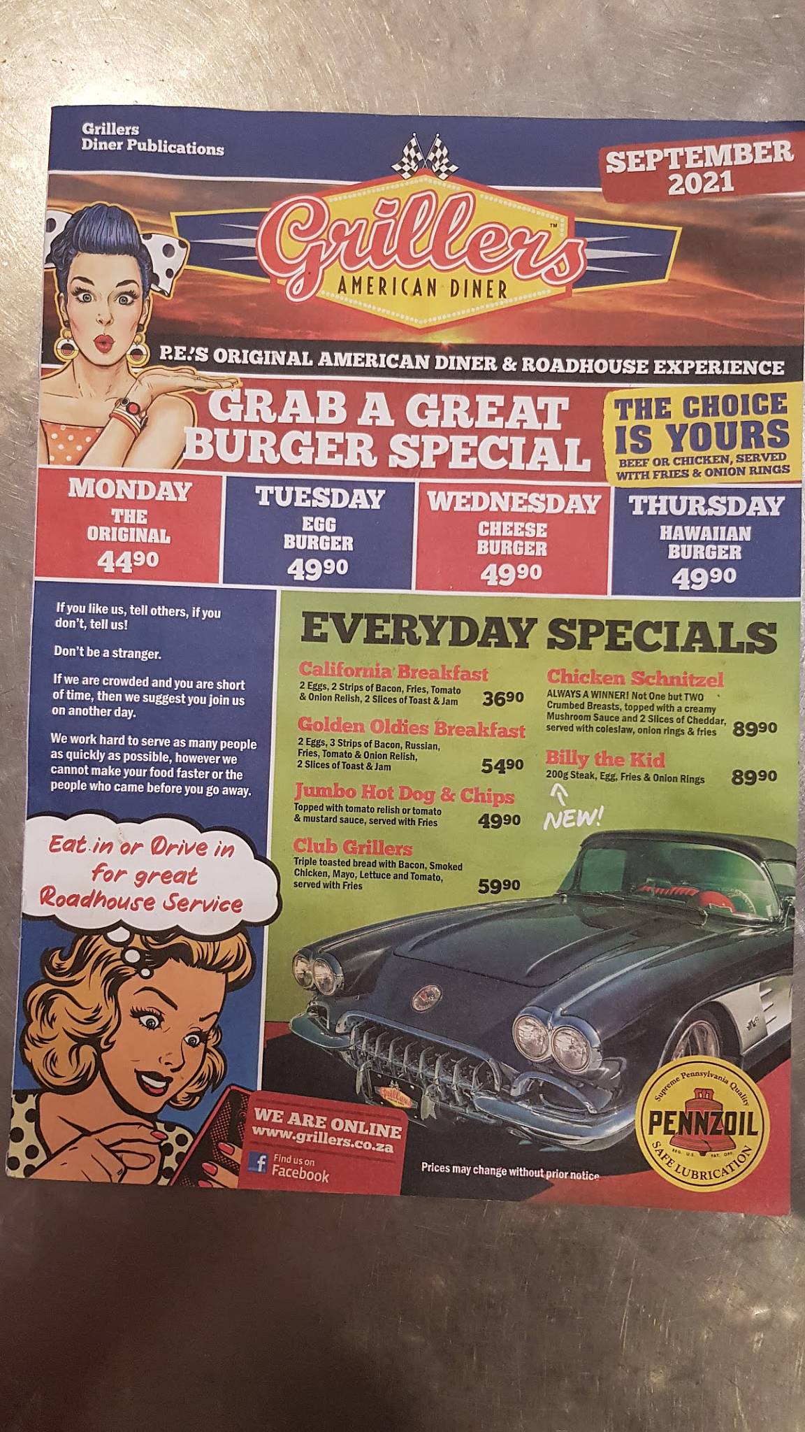 Menu at Grillers restaurant, Port Elizabeth