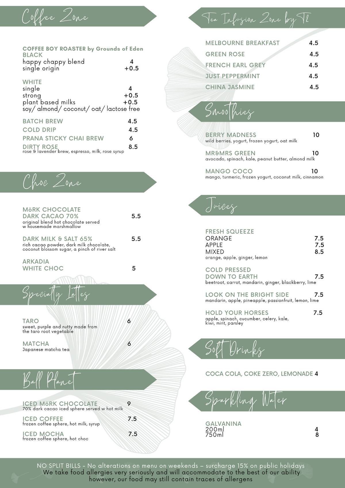Menu at Grounds of Eden cafe, Coburg