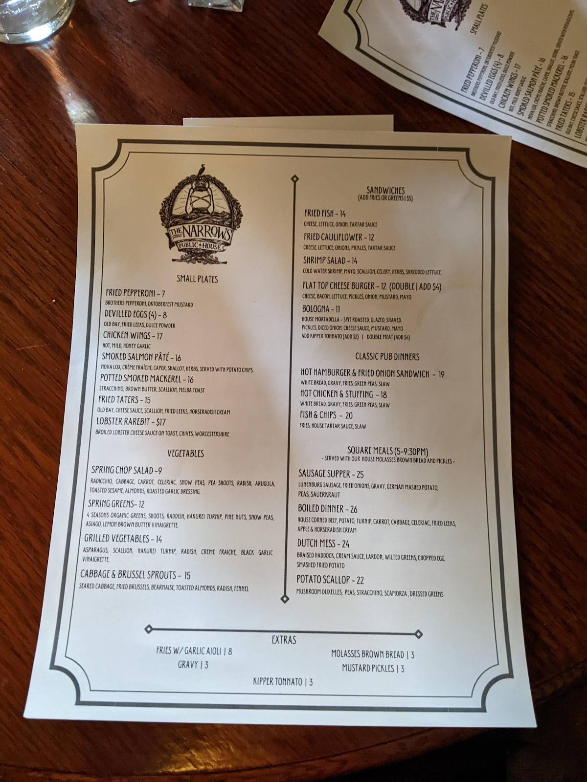 Menu at The Narrows Public House, Halifax