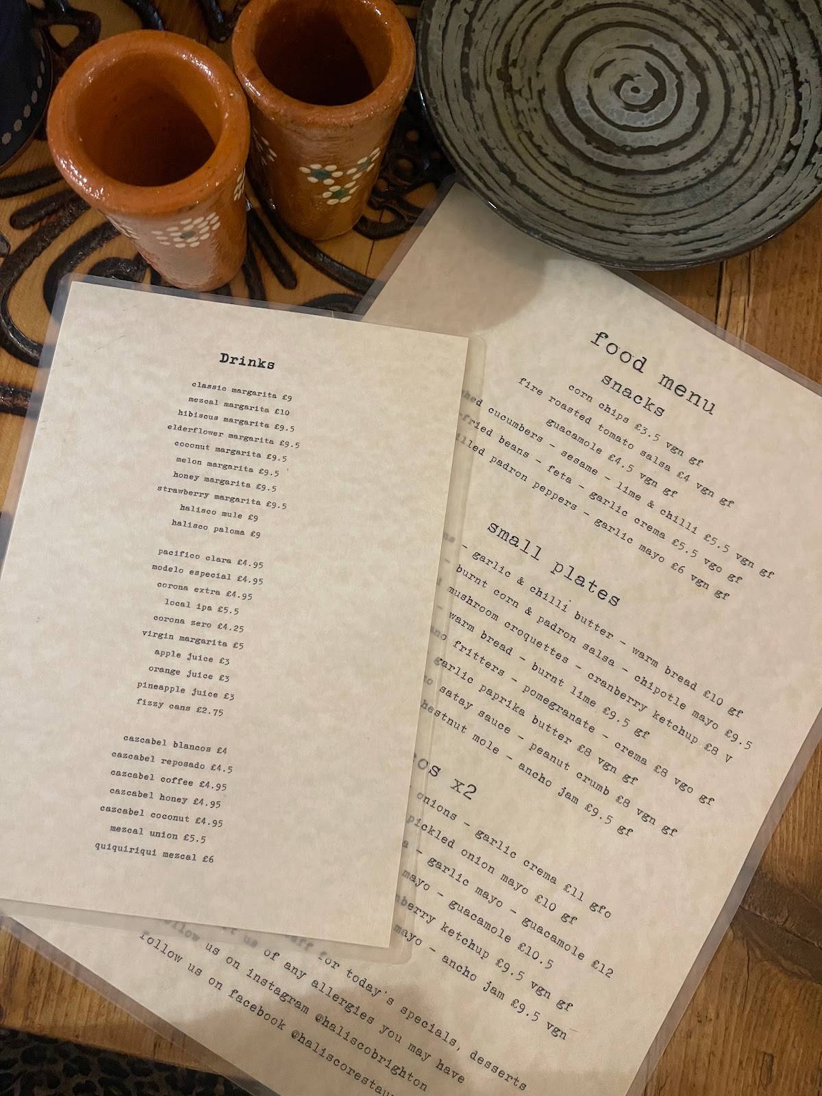 Menu at Halisco restaurant, Brighton