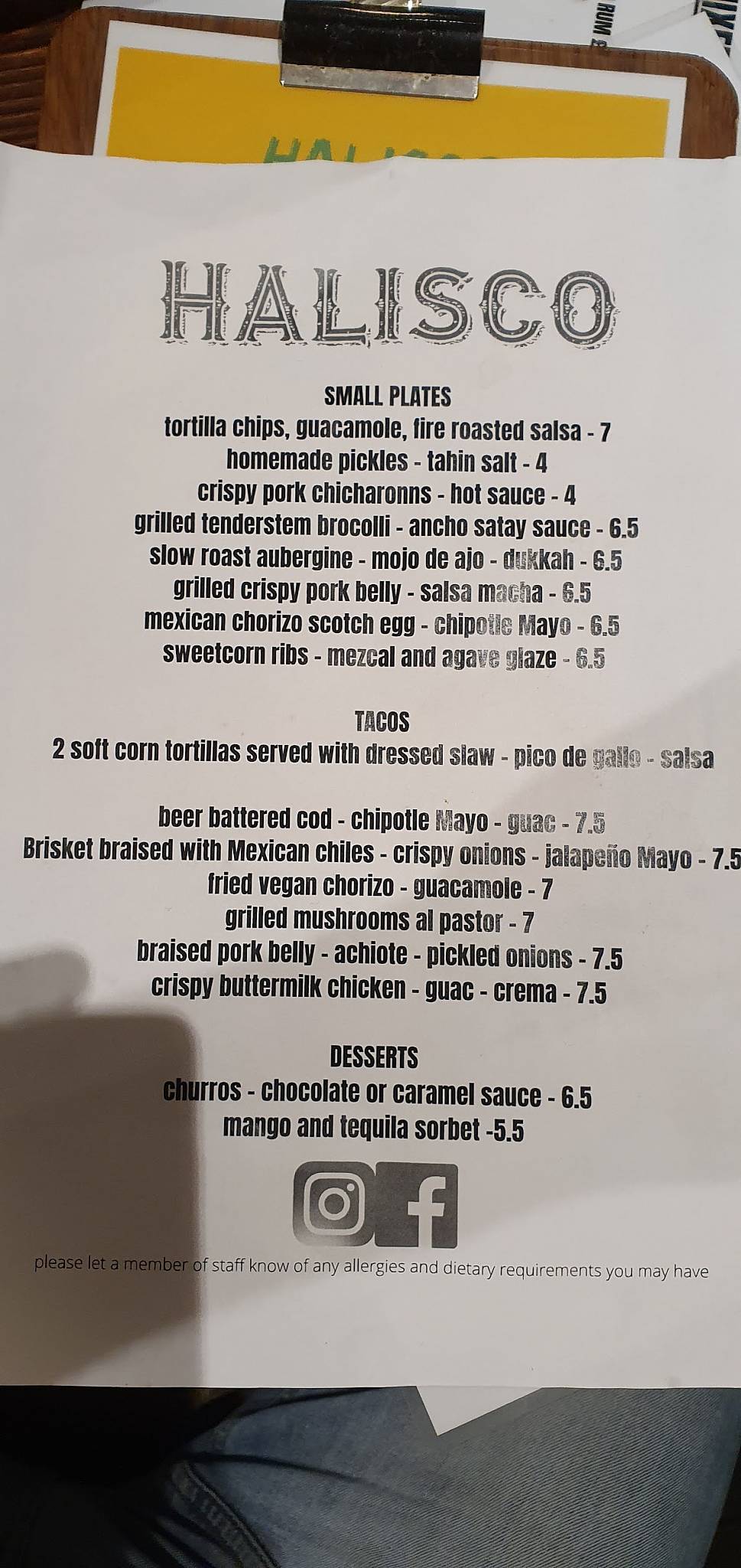 Menu at Halisco restaurant, Brighton