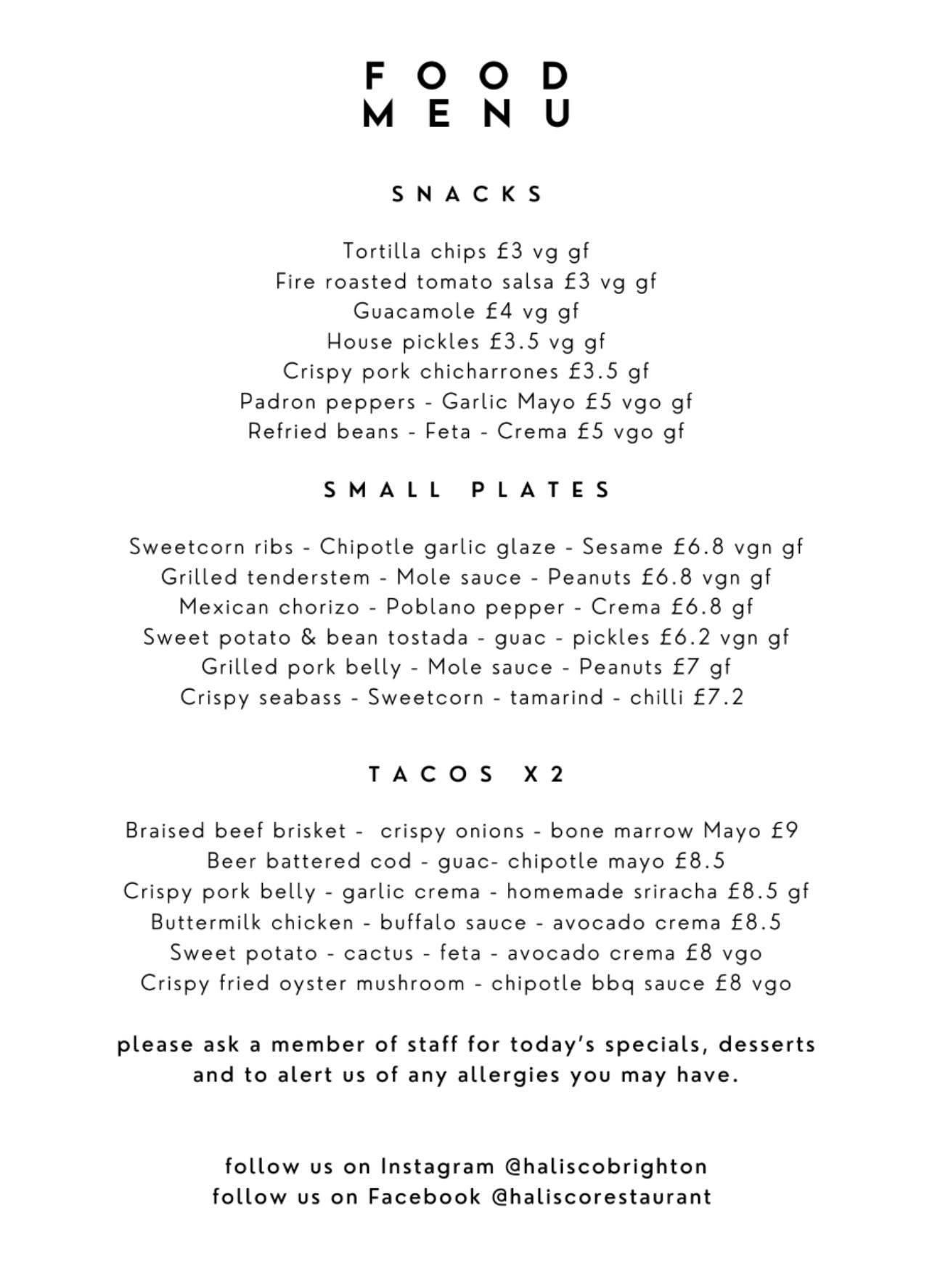 Menu at Halisco restaurant, Brighton