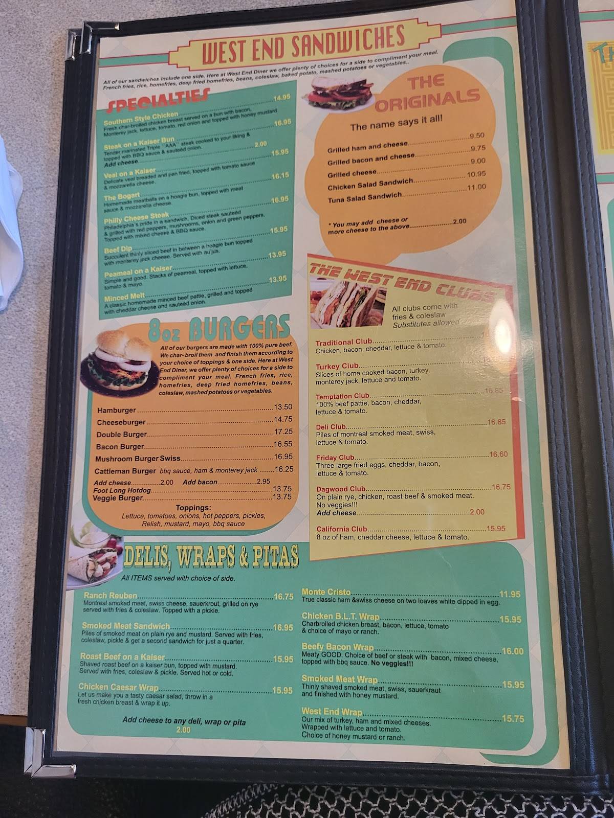 Menu at West End Diner restaurant, Hamilton