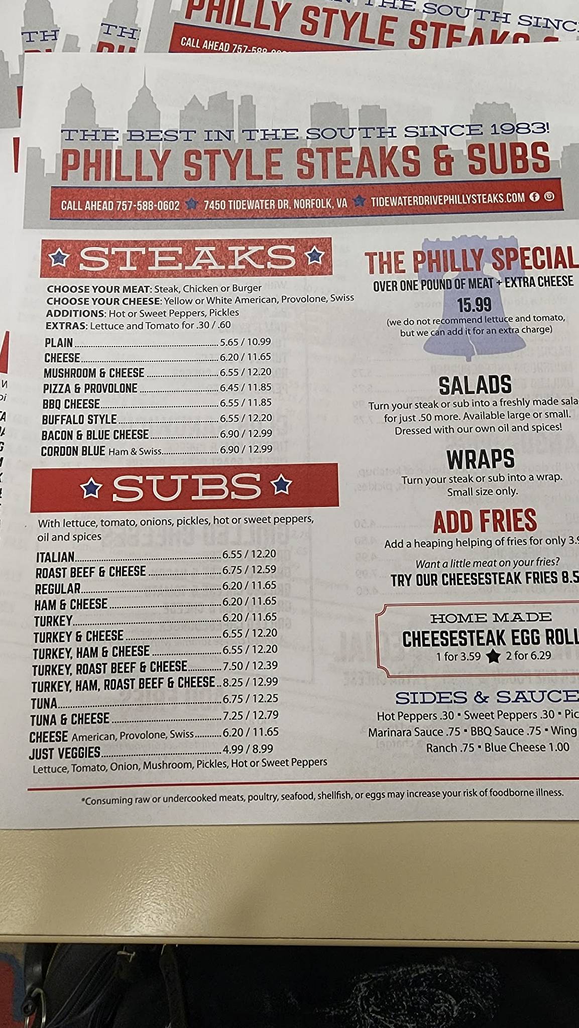 Menu at Philly Style Steaks & Subs restaurant, Norfolk, A Tidewater Dr