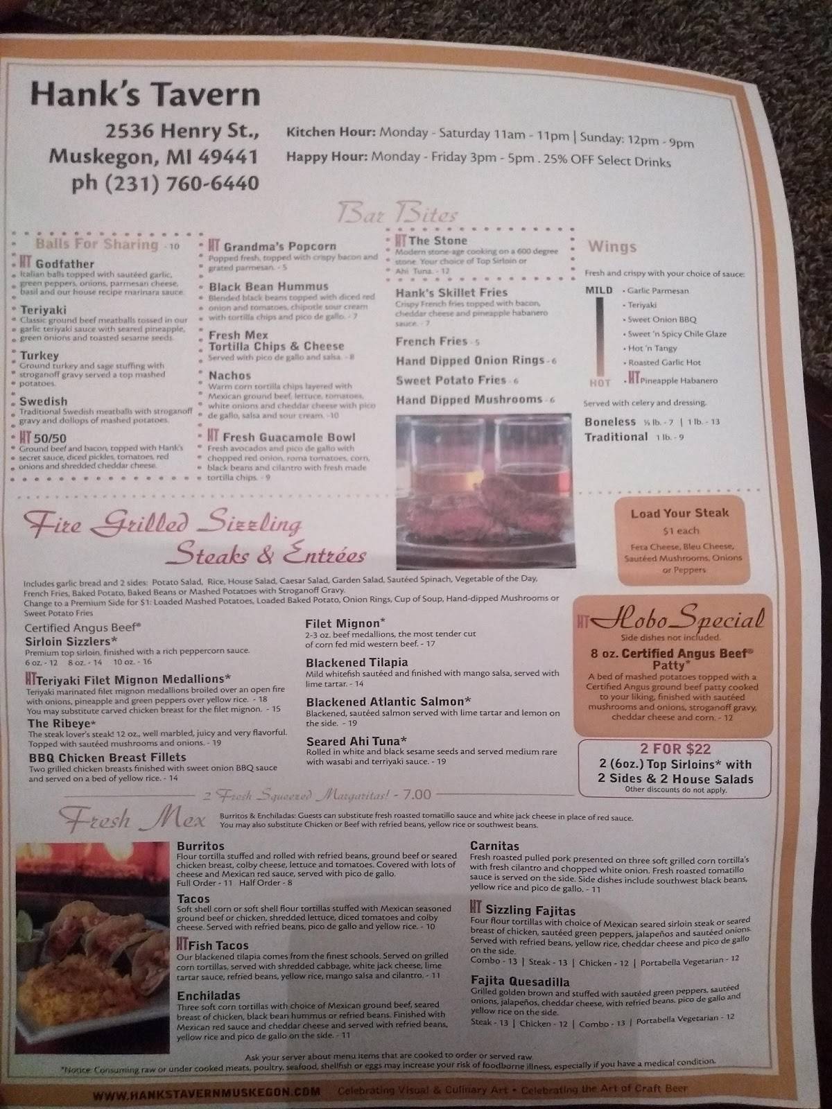 Menu at Hank's Tavern pub & bar, Muskegon