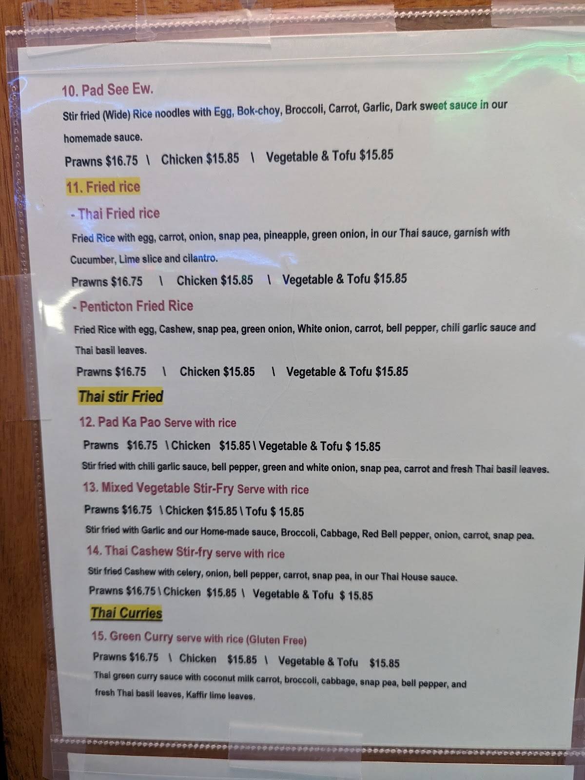 Menu at Happiness Thai Restaurant, Penticton