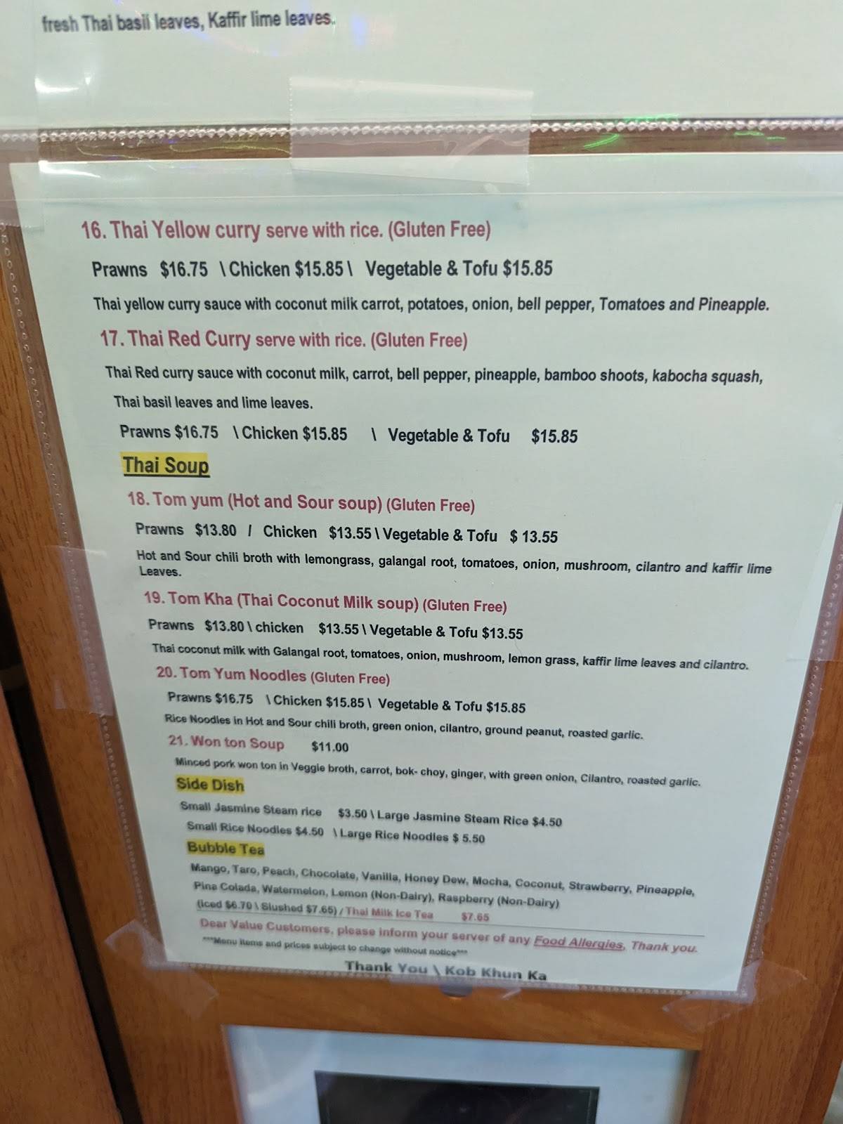 Menu at Happiness Thai Restaurant, Penticton