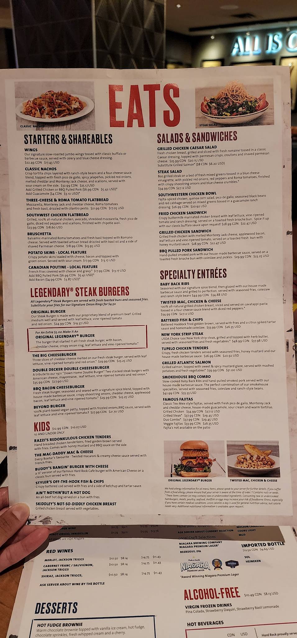 Menu at Hard Rock Cafe, Niagara Falls, Falls Ave