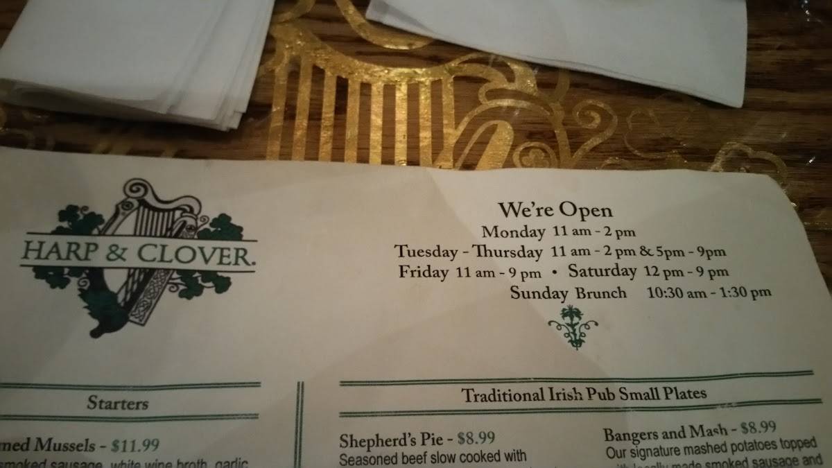Menu at Harp & Clover, "The Clover" pub & bar, Gadsden