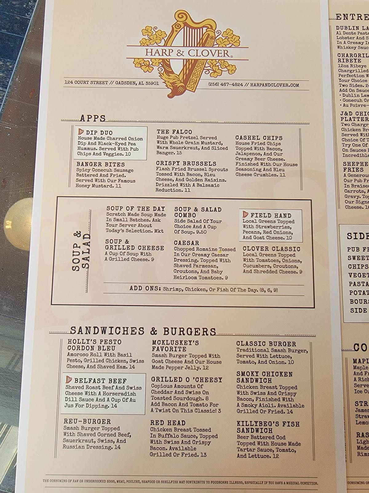 Menu at Harp & Clover, "The Clover" pub & bar, Gadsden