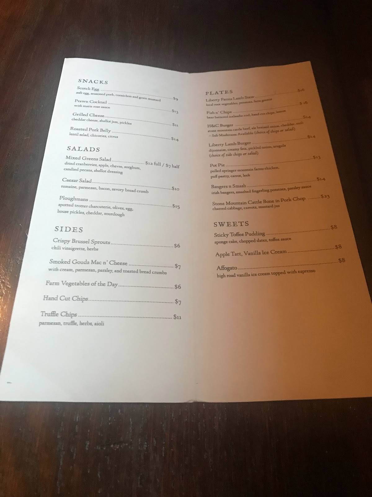 Menu at Hart And Crown Tavern pub & bar, Madison