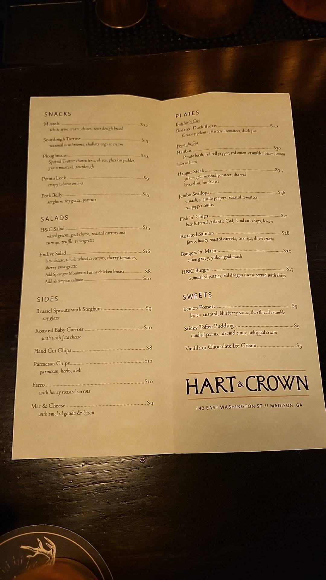 Menu at Hart And Crown Tavern pub & bar, Madison