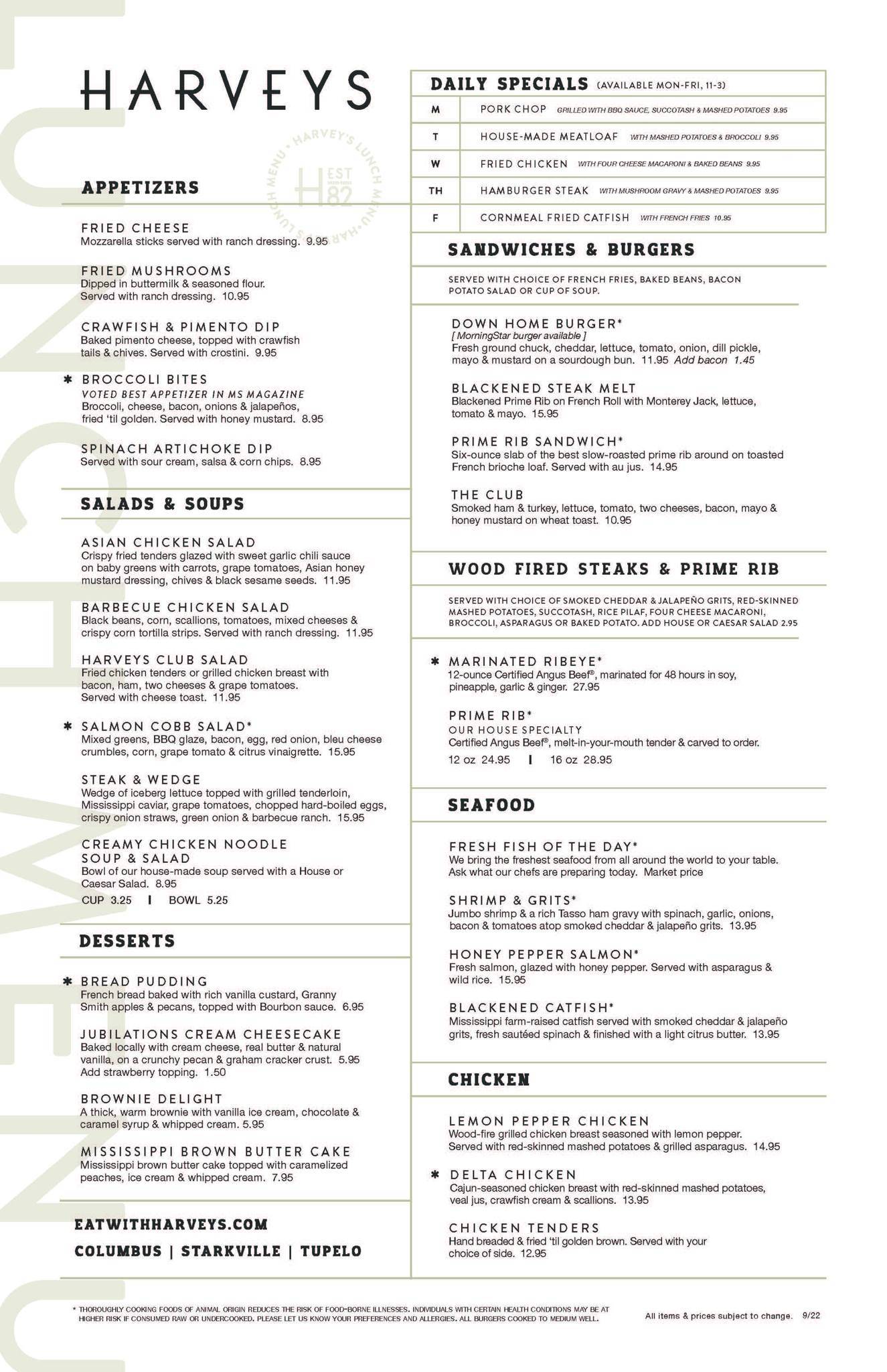 Menu at Harveys steakhouse, Tupelo