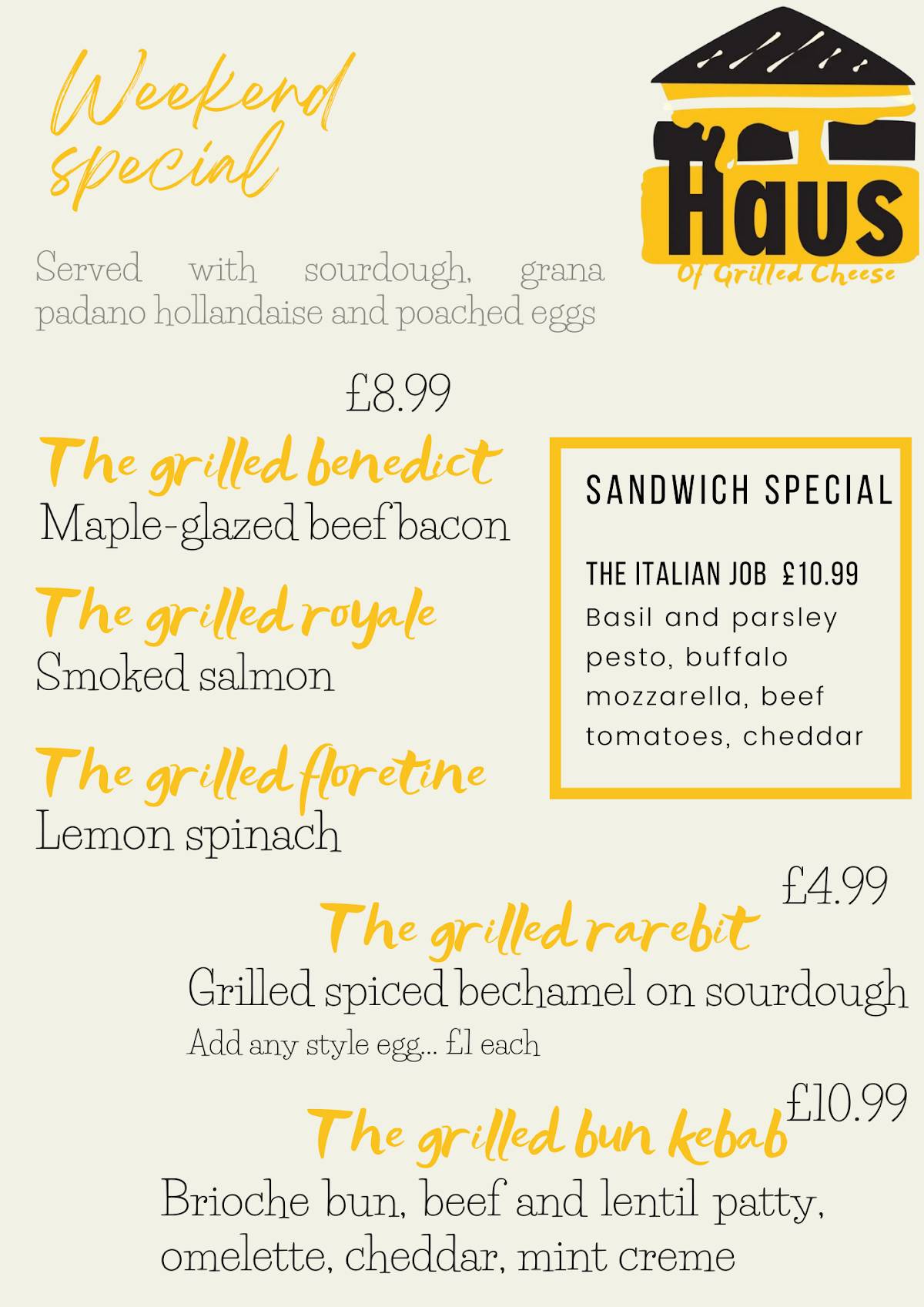 Menu at Haus of Grilled Cheese Waterloo restaurant, London