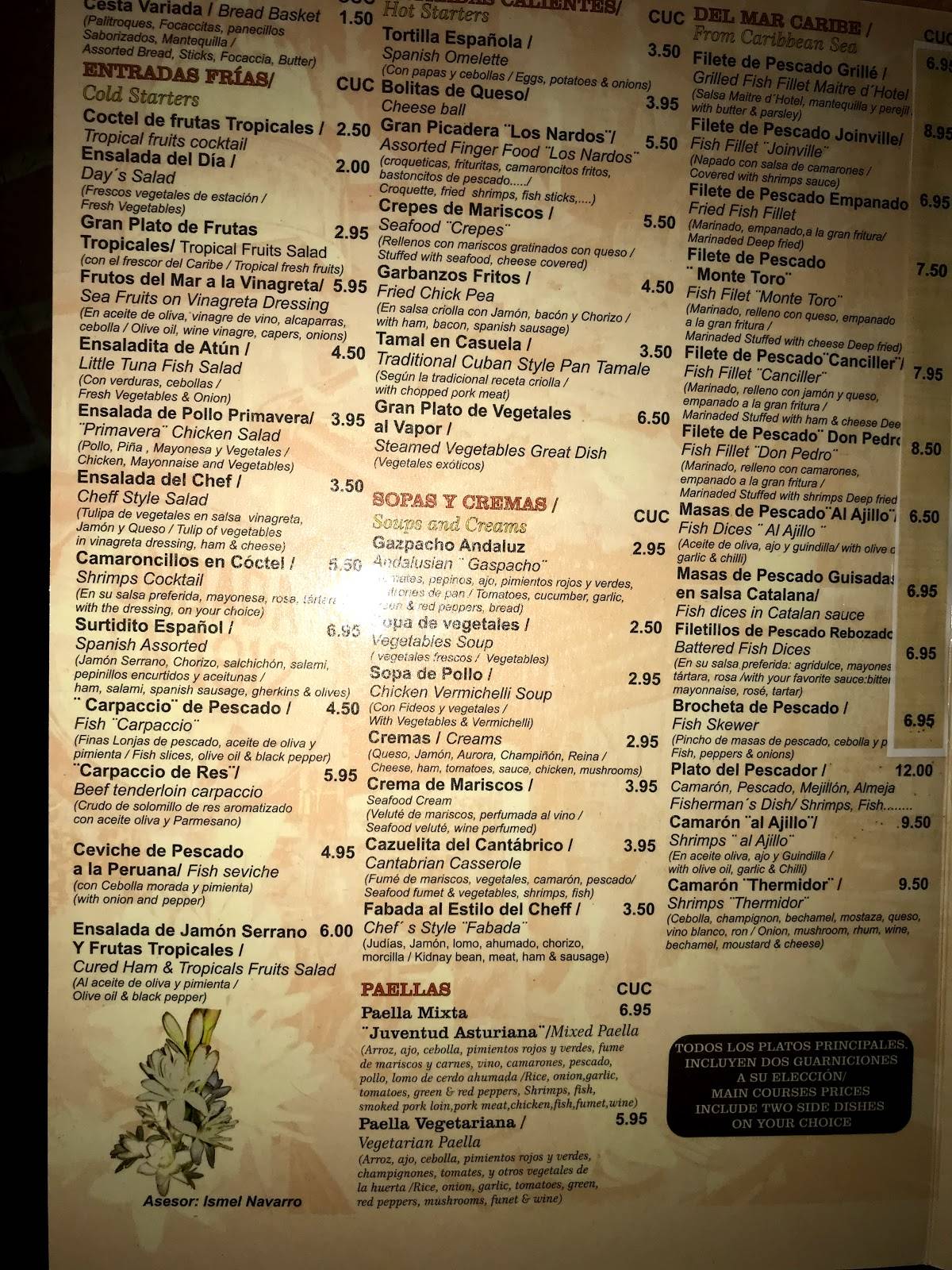 Menu at Los Nardos restaurant, Havana