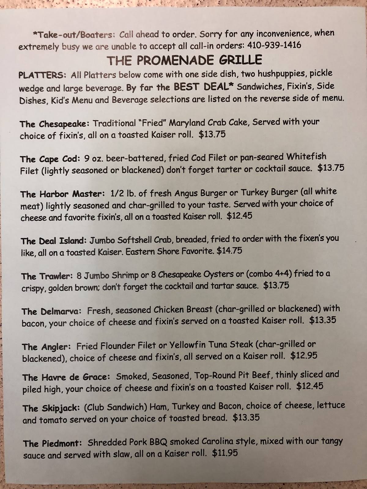 Menu at The Promenade Grille restaurant, Havre de Grace