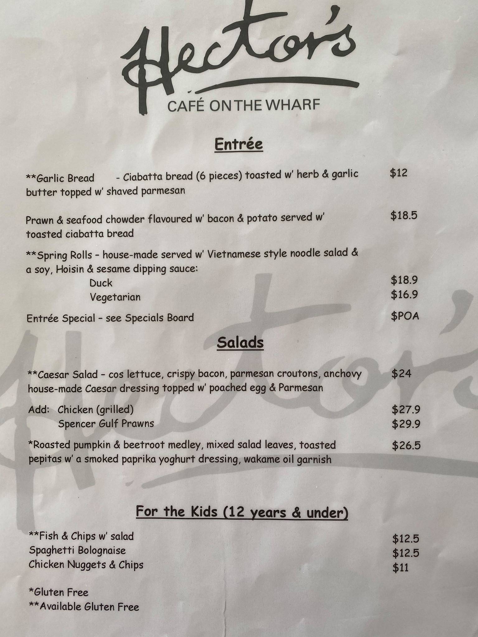 Menu at Hector's Modern Australian Kitchen restaurant, Goolwa