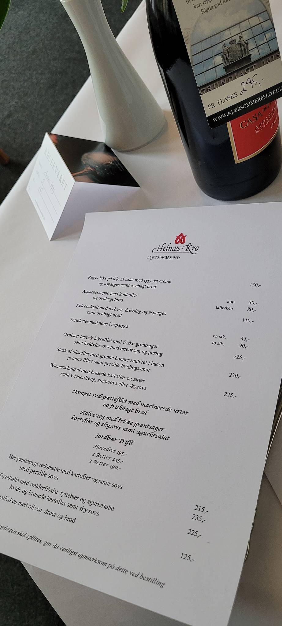 Menu at Helnæs Kro restaurant, Ebberup