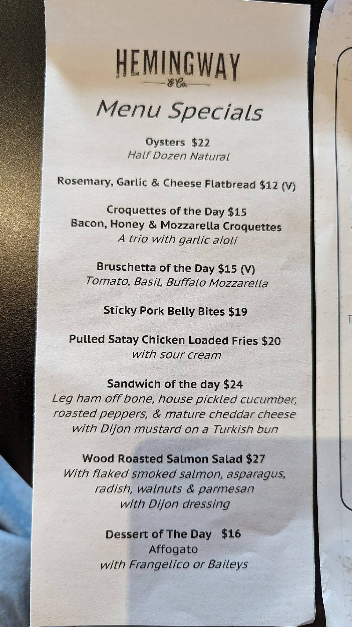 Menu at Hemingway & Co. pub & bar, Mundaring