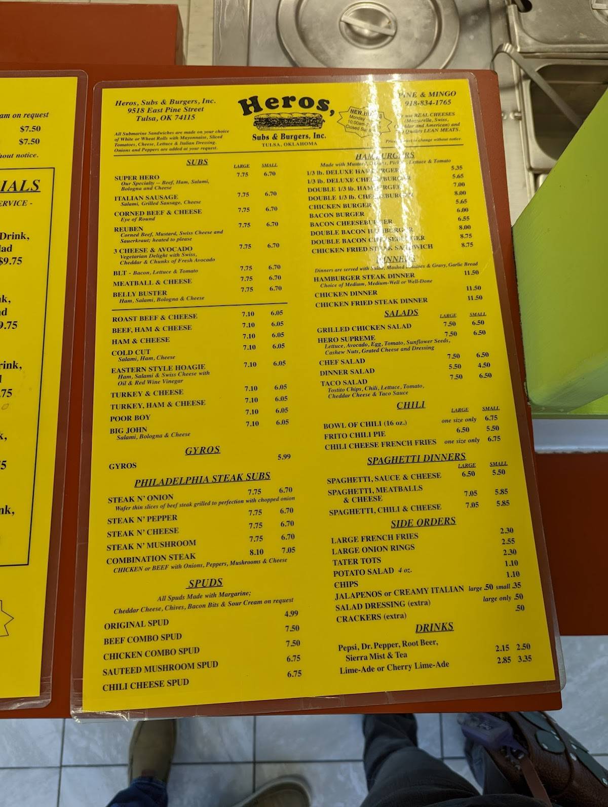 Menu at Heros Subs & Burgers restaurant, Tulsa, E Pine St