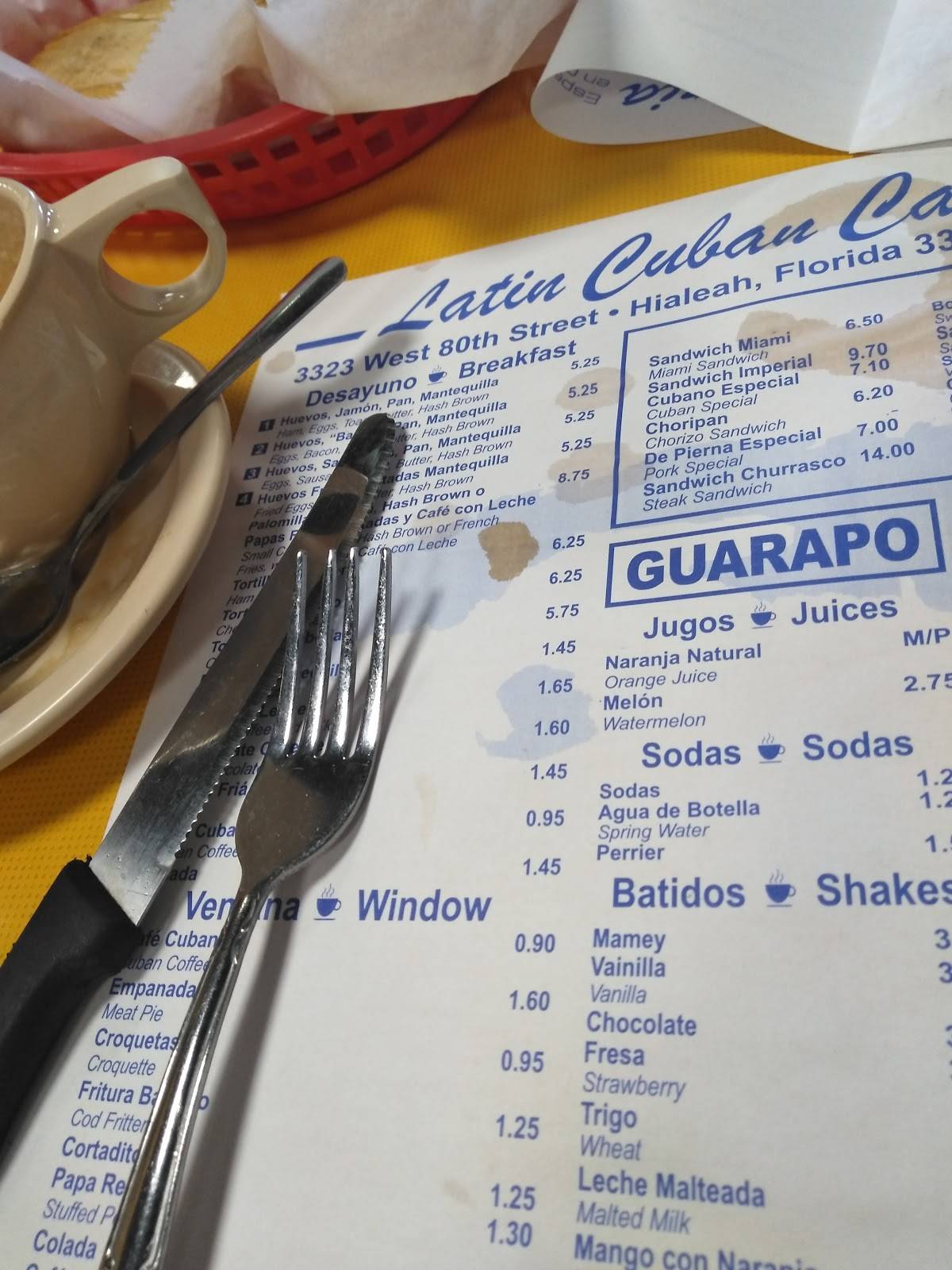 Menu at Latin Cuban Cafeteria, Hialeah