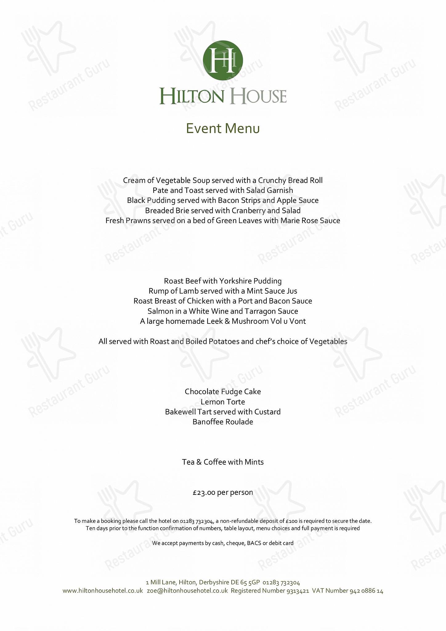 Menu at Hilton House Hotel pub & bar, Burton upon Trent