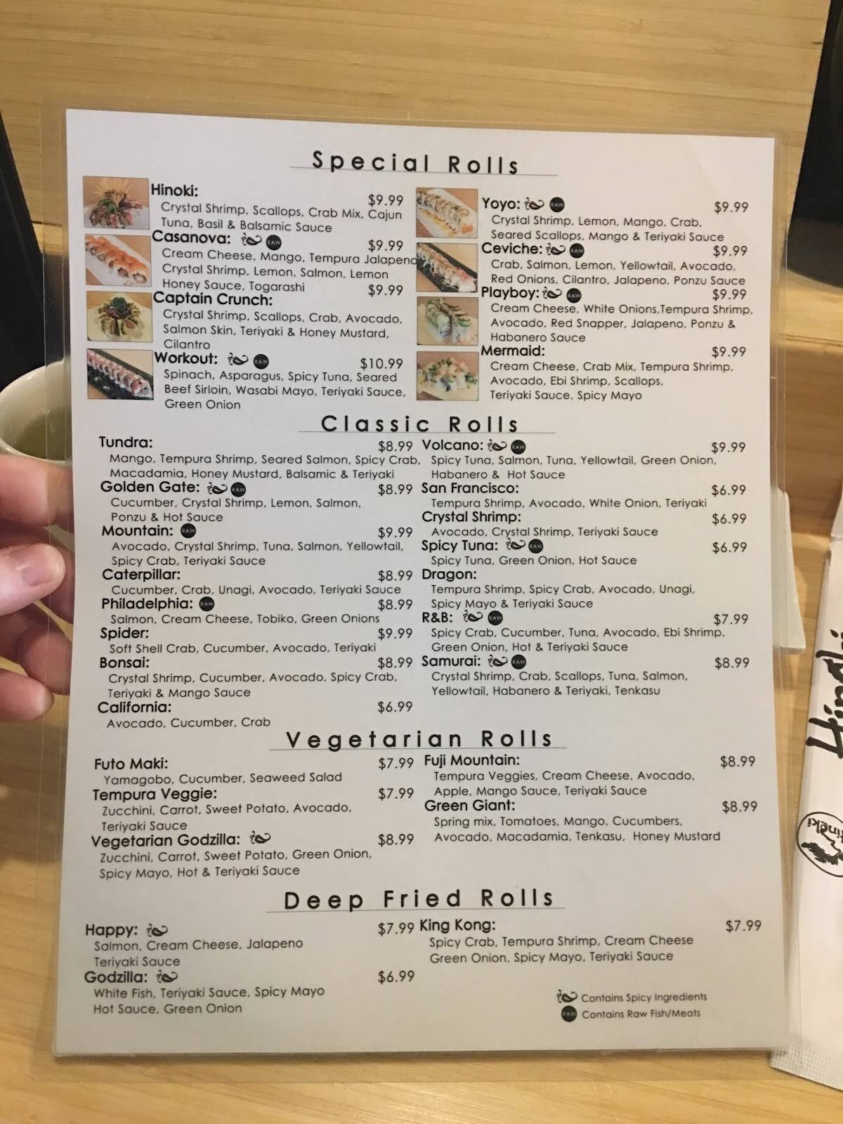 Menu at Hinoki Sushi restaurant, Reno