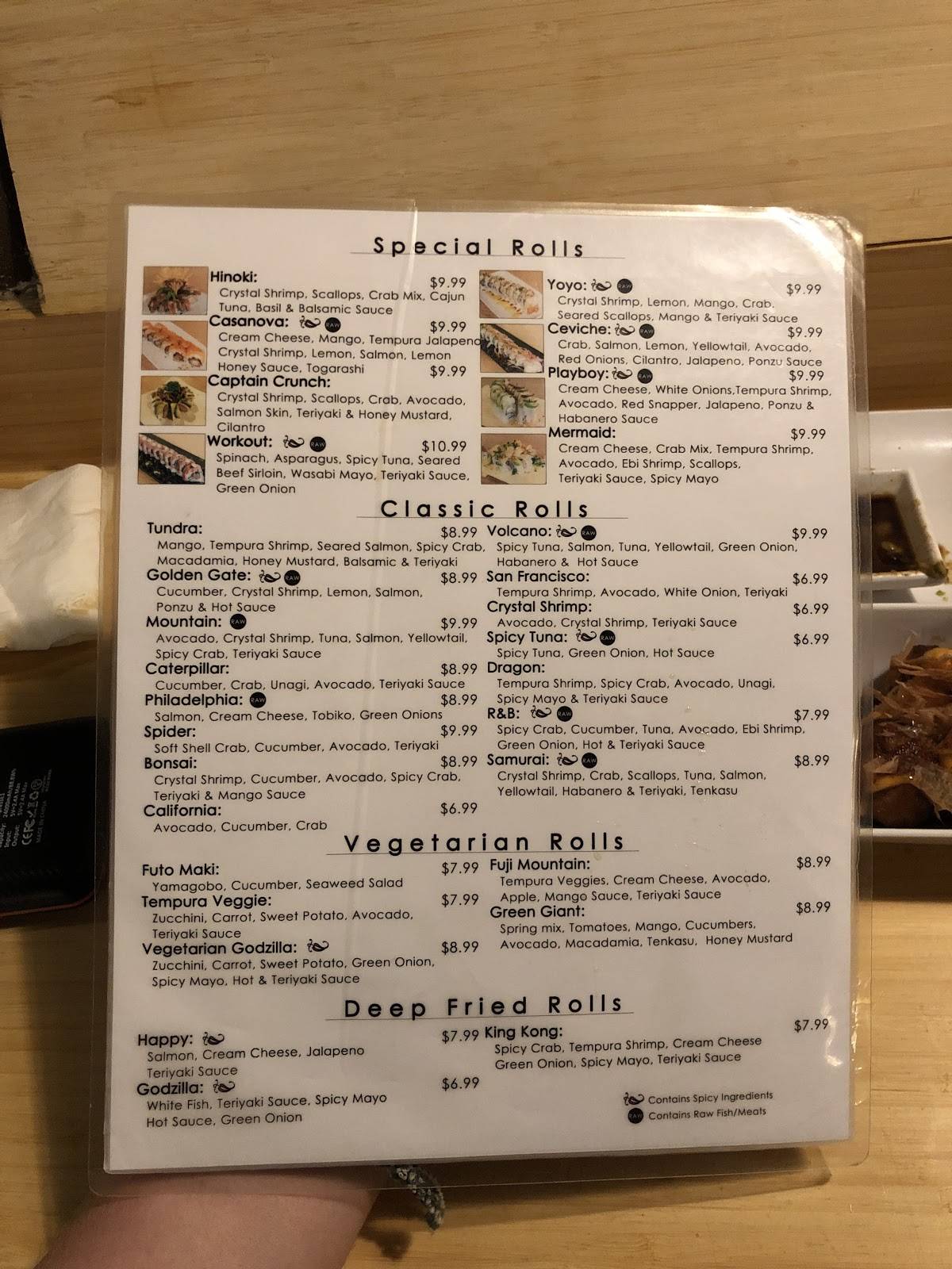 Menu at Hinoki Sushi restaurant, Reno
