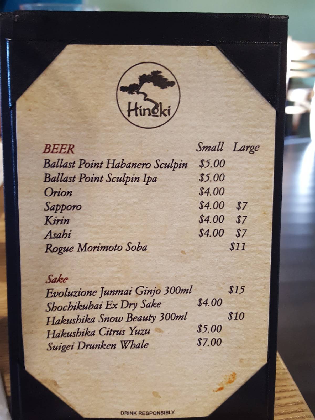 Menu at Hinoki Sushi restaurant, Reno