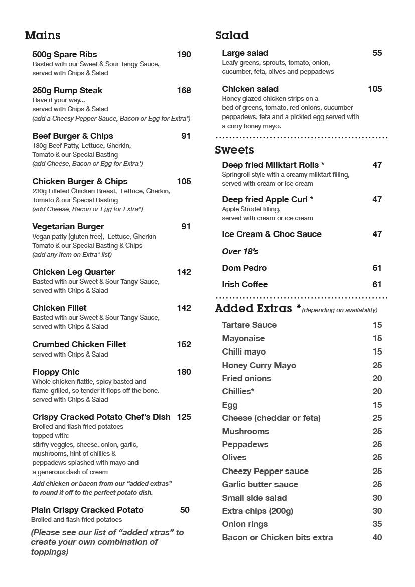 Menu at Hoeka Toeka Pub & Diner, Wilderness