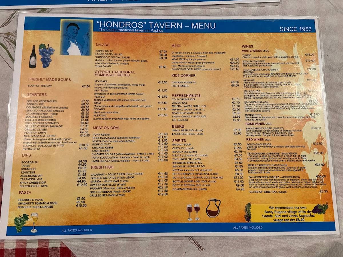 Menu at Hondros - The oldest traditional tavern, Paphos