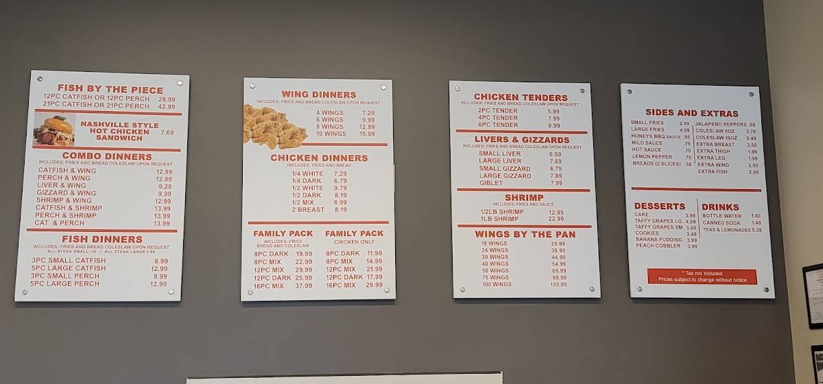 Menu at Honey's Chicken restaurant, Calumet City, 604 Torrence Ave