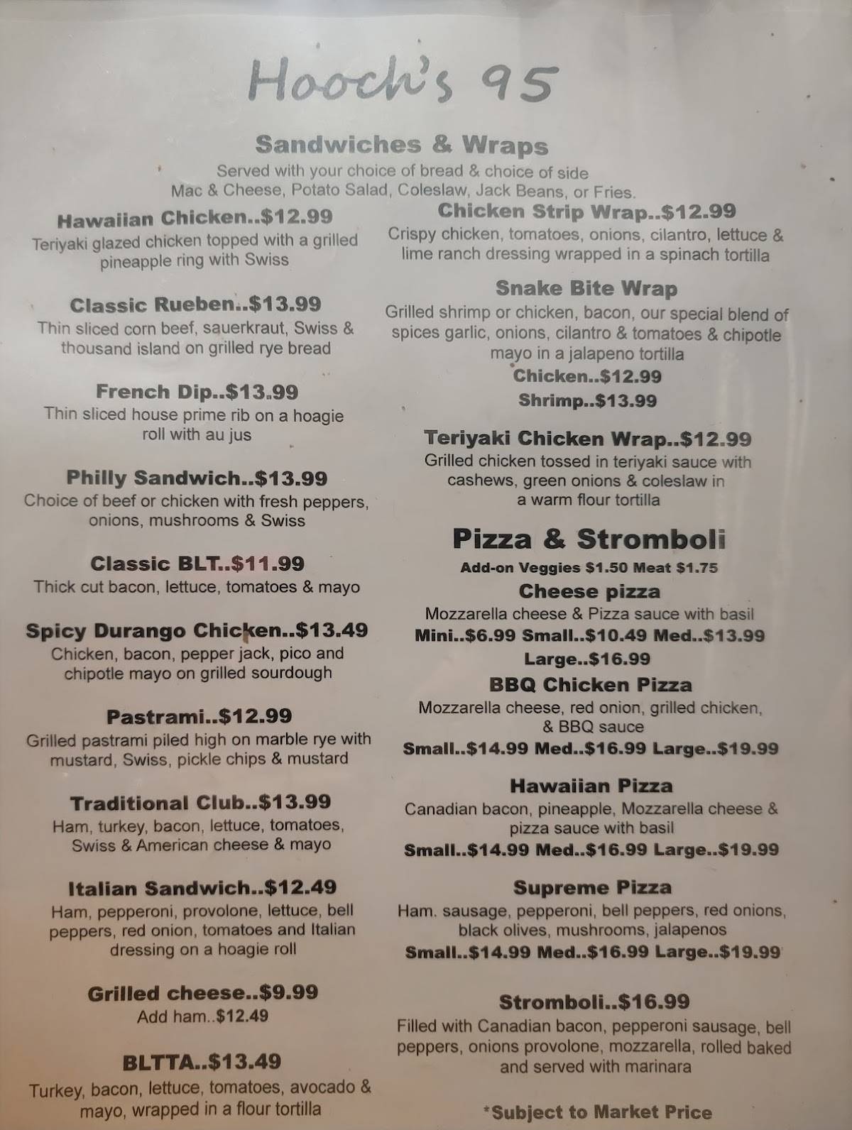 Menu at Hooch's 95 Bar & Grill, Fort Mohave