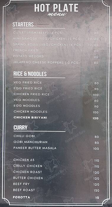 Menu at Hot plate, Kochi, South