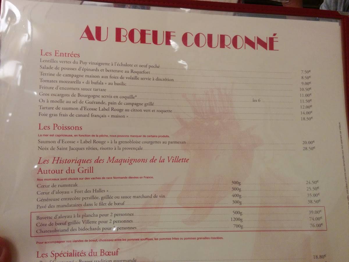 Menu au Au Boeuf Couronné restaurant, Paris