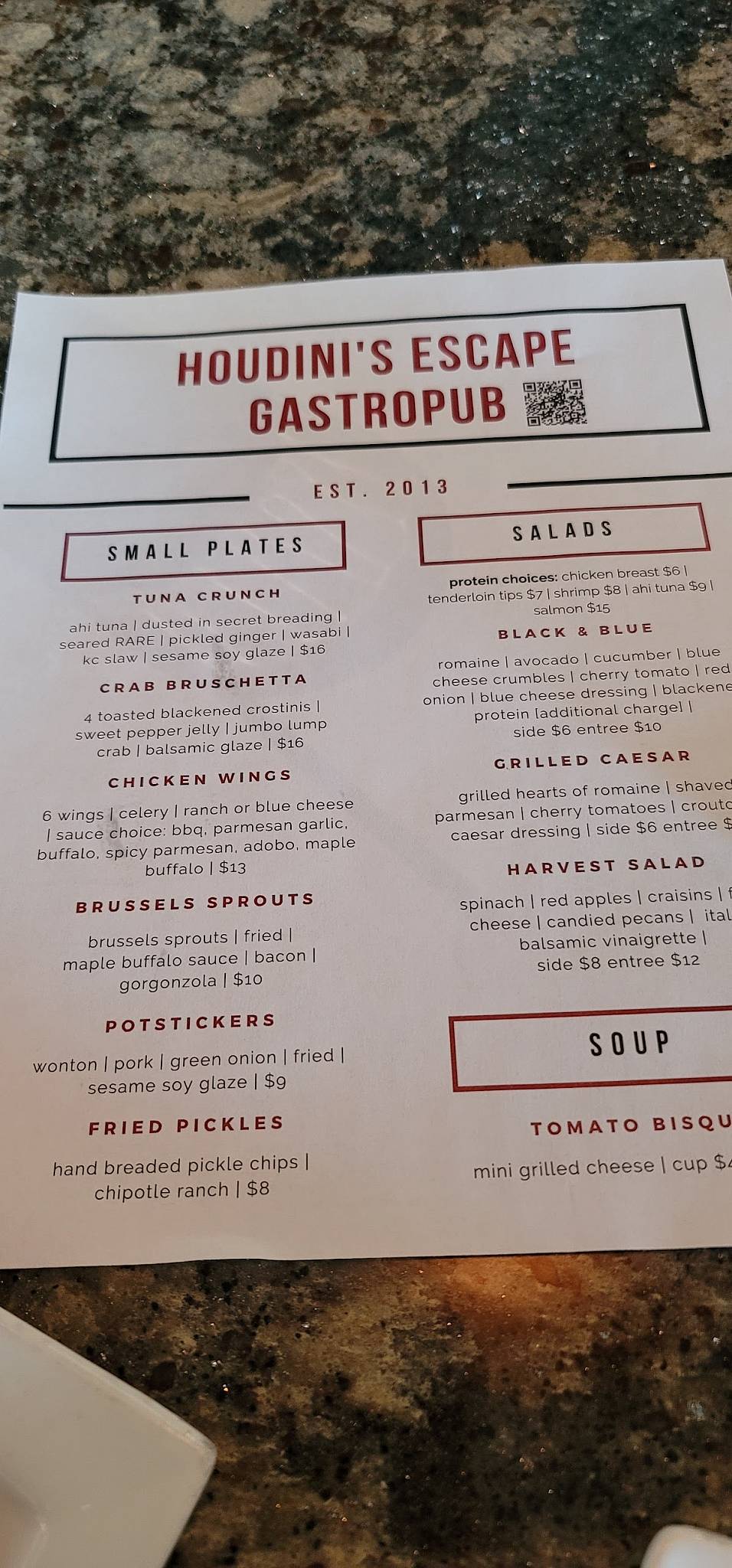 Menu at Houdini's Escape Gastropub, Appleton