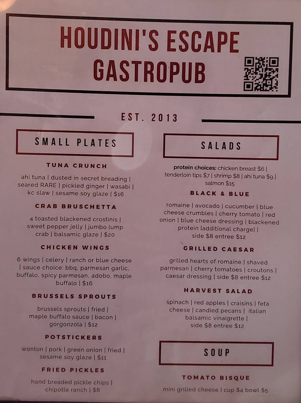 Menu at Houdini's Escape Gastropub, Appleton