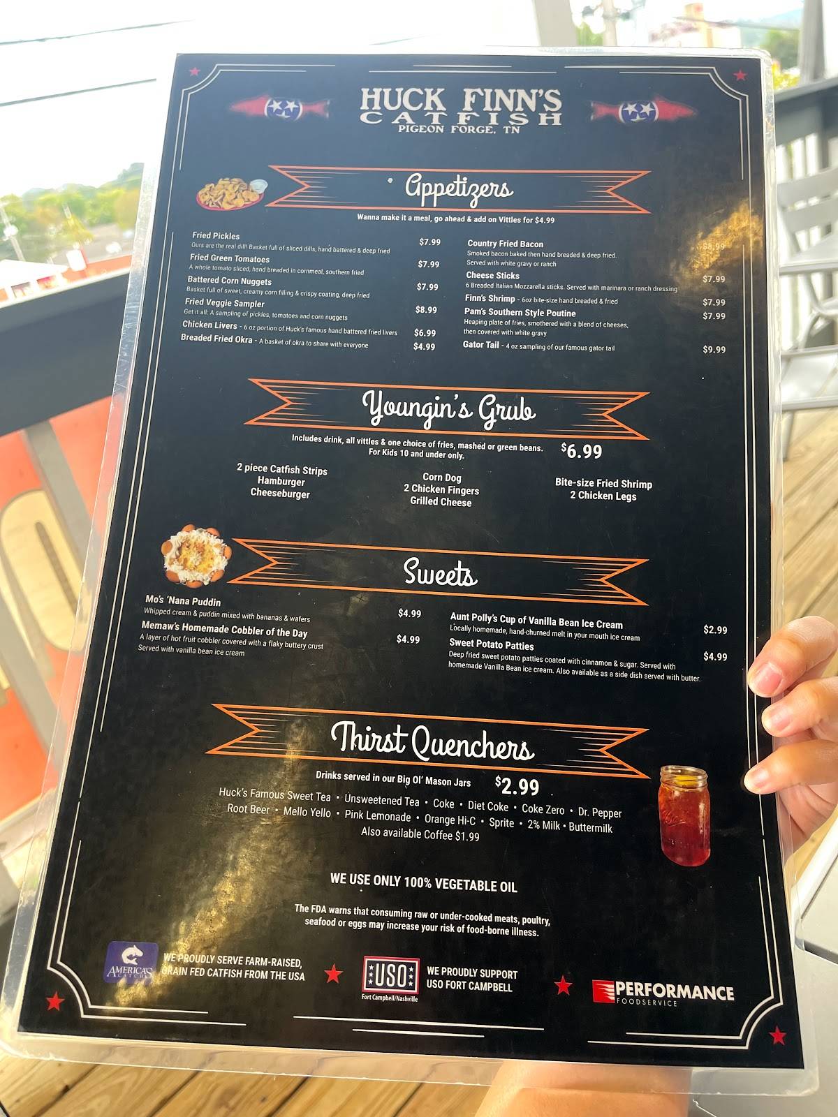 Menu at Huck Finn's Catfish restaurant, Pigeon Forge
