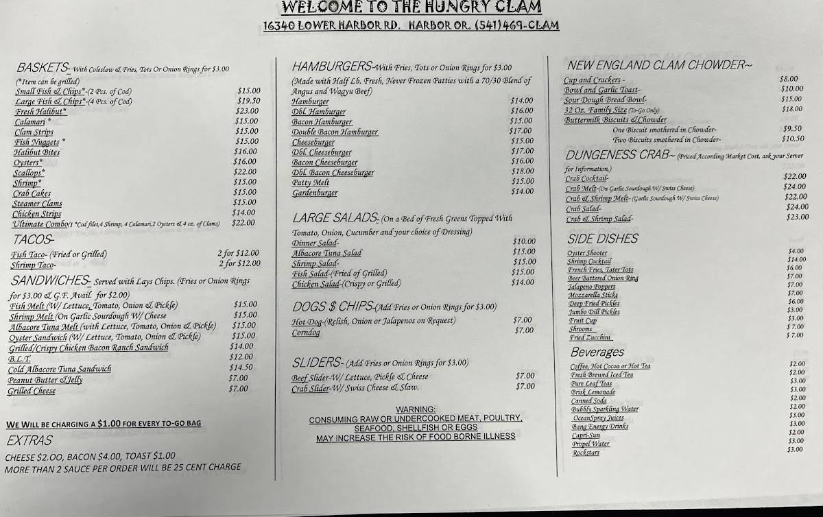 Menu at Hungry Clam restaurant, Brookings