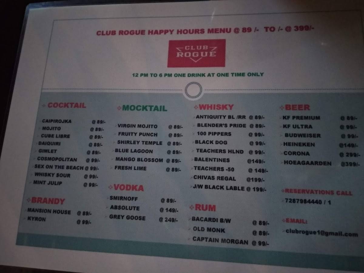 Menu at Club Rogue Gachibowli, Hyderabad, 2nd Floor