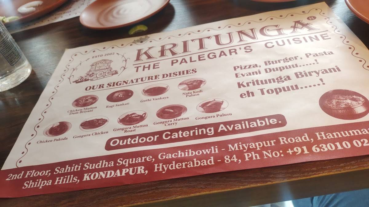 Menu at Kritunga - The Palegar's Cuisine Kondapur, Hyderabad