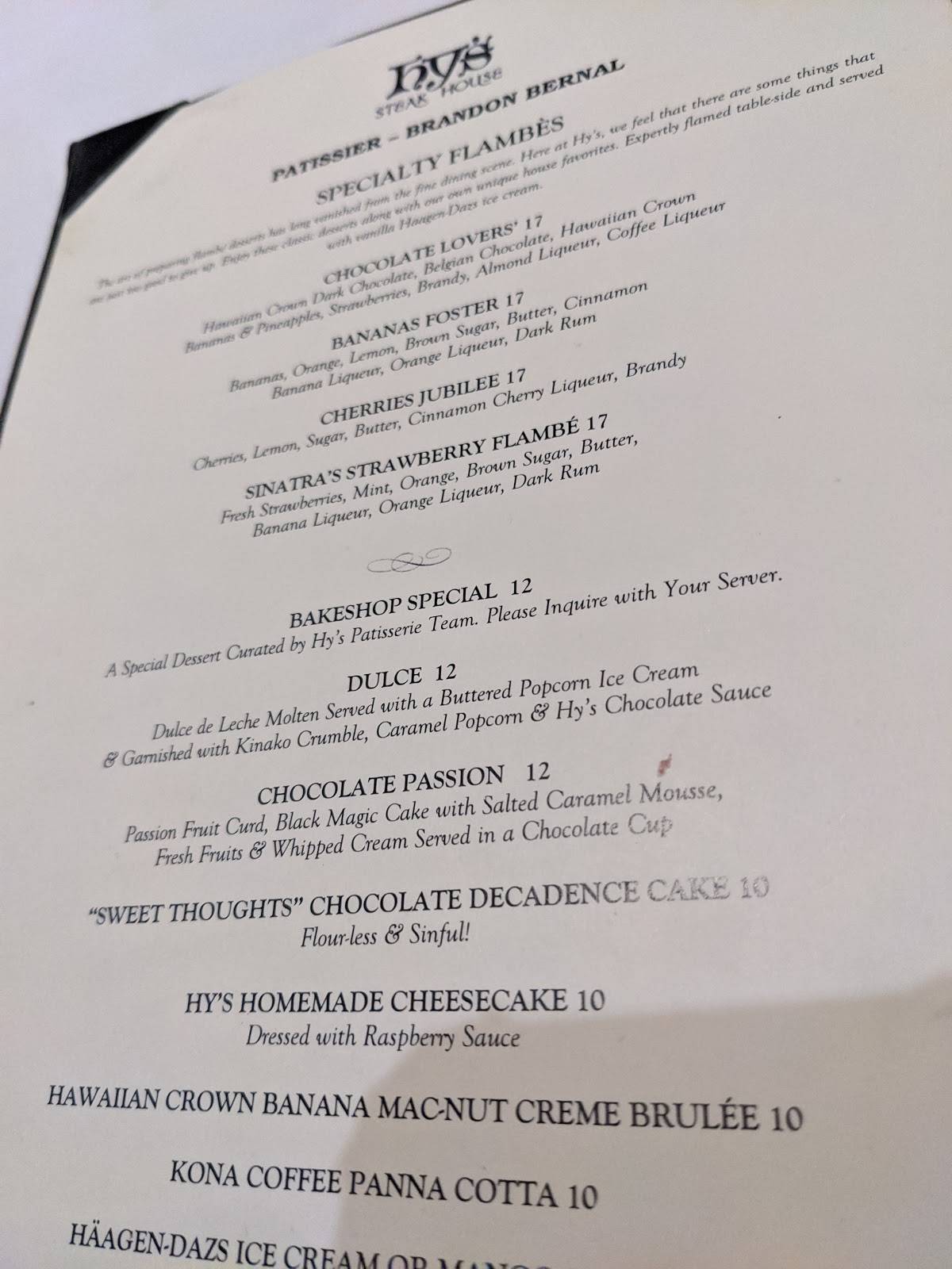 Menu at Hy's Steak House steakhouse, Honolulu