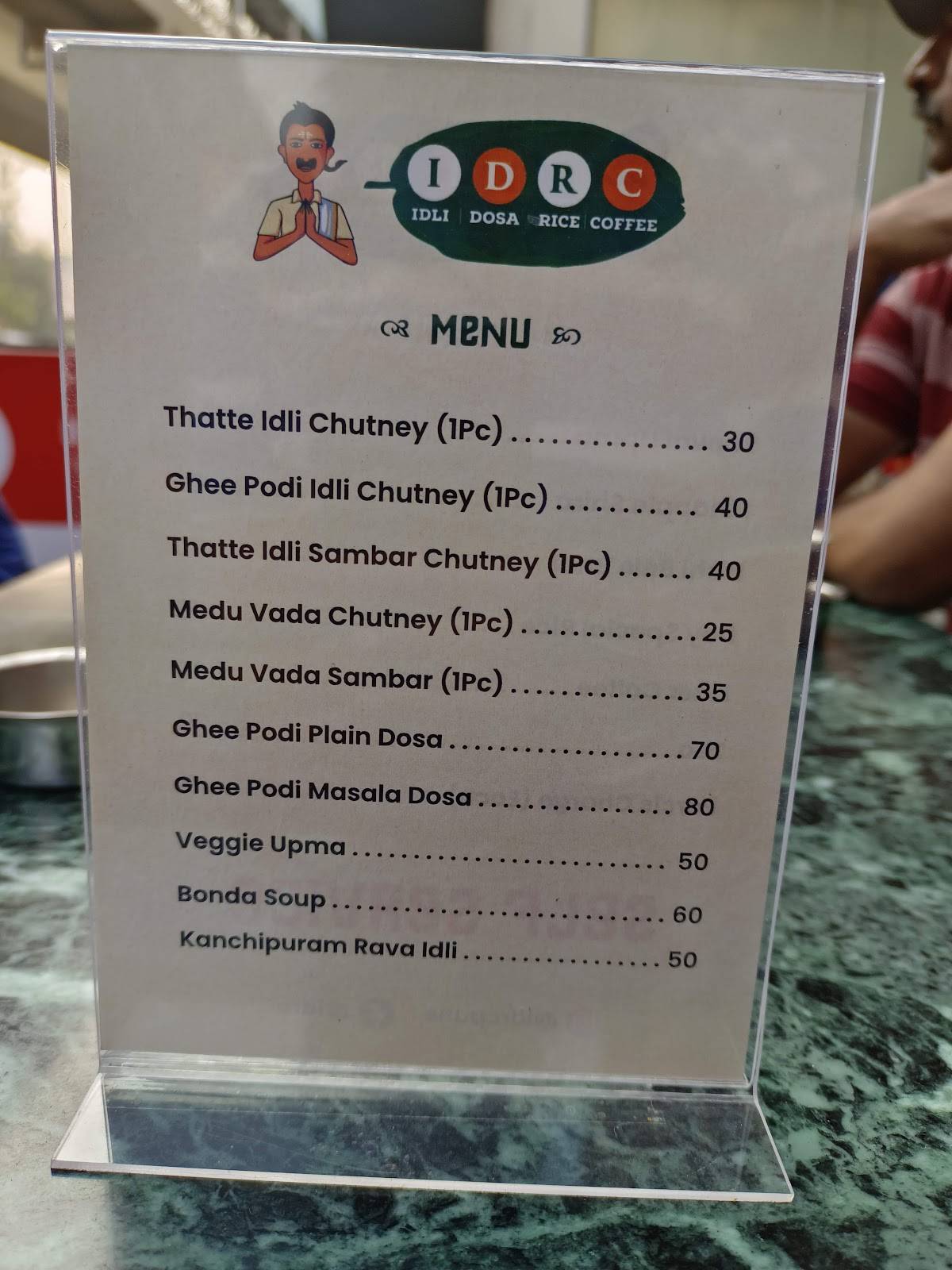 Menu at IDRC idli dosa rice coffee, Pune