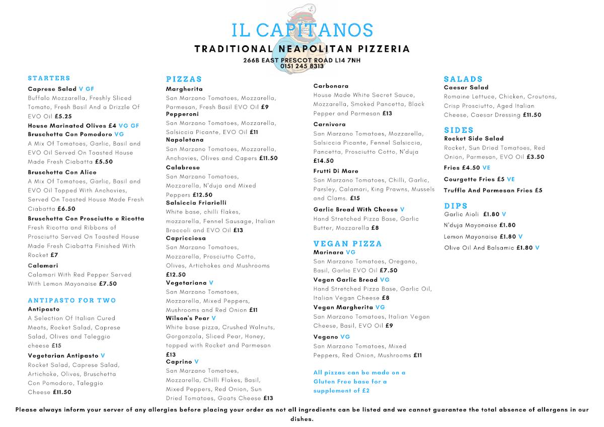 Menu at IL Capitano's Knotty Ash restaurant, Liverpool