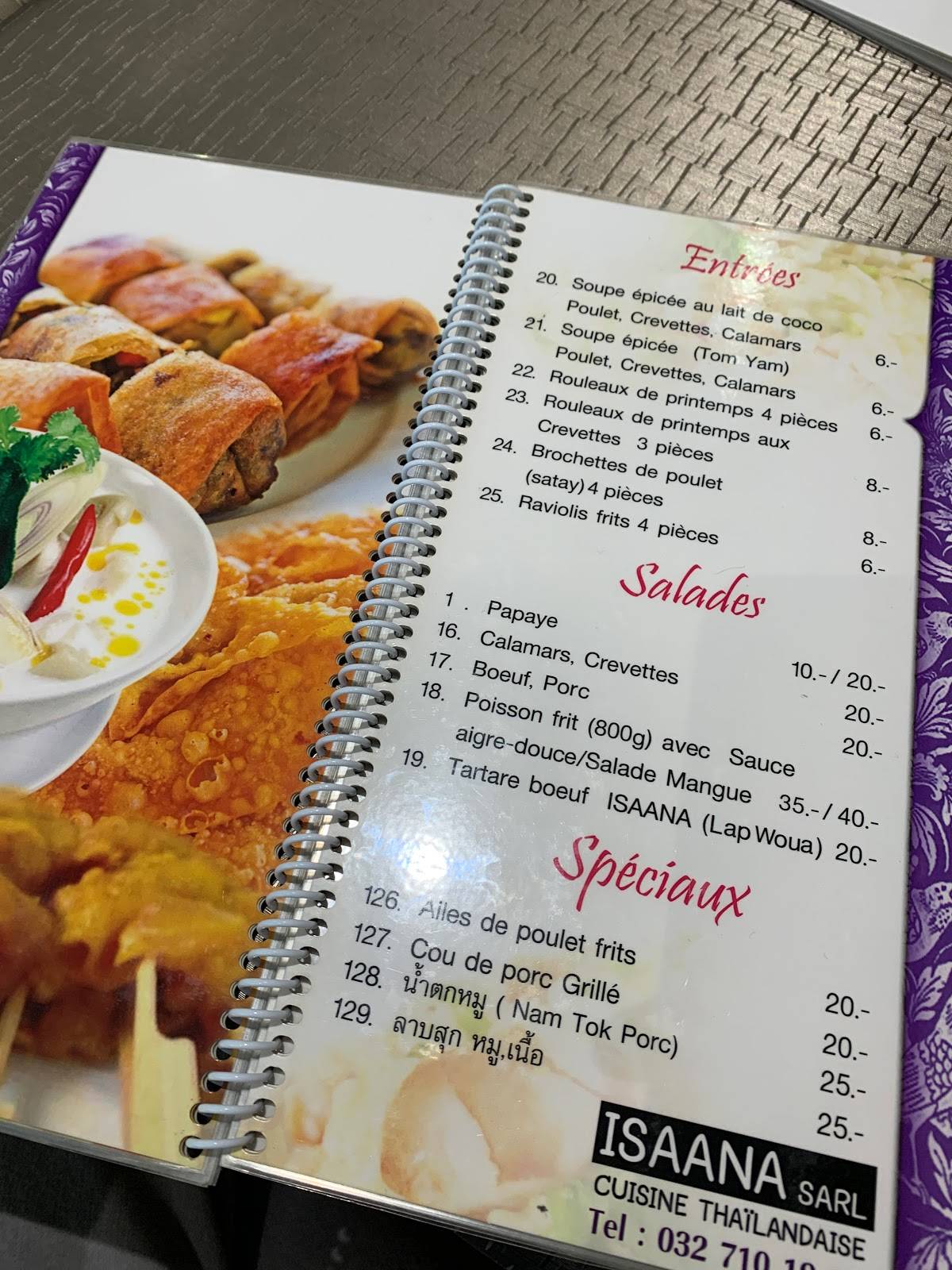 Menu au ISAANA Cuisine Thaïlandaise, Neuchâtel