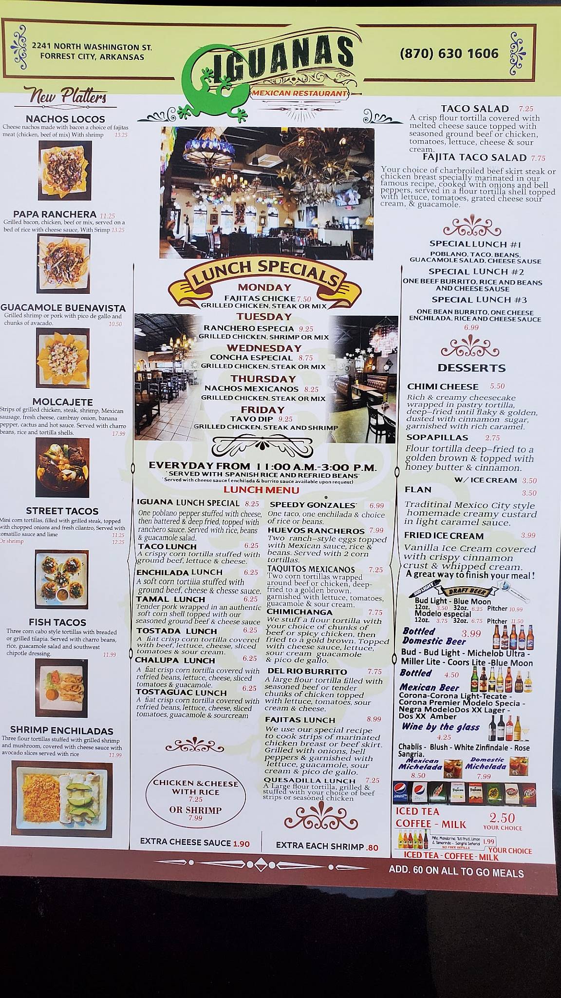 Menu at Iguanas Mexican restaurant, Forrest City